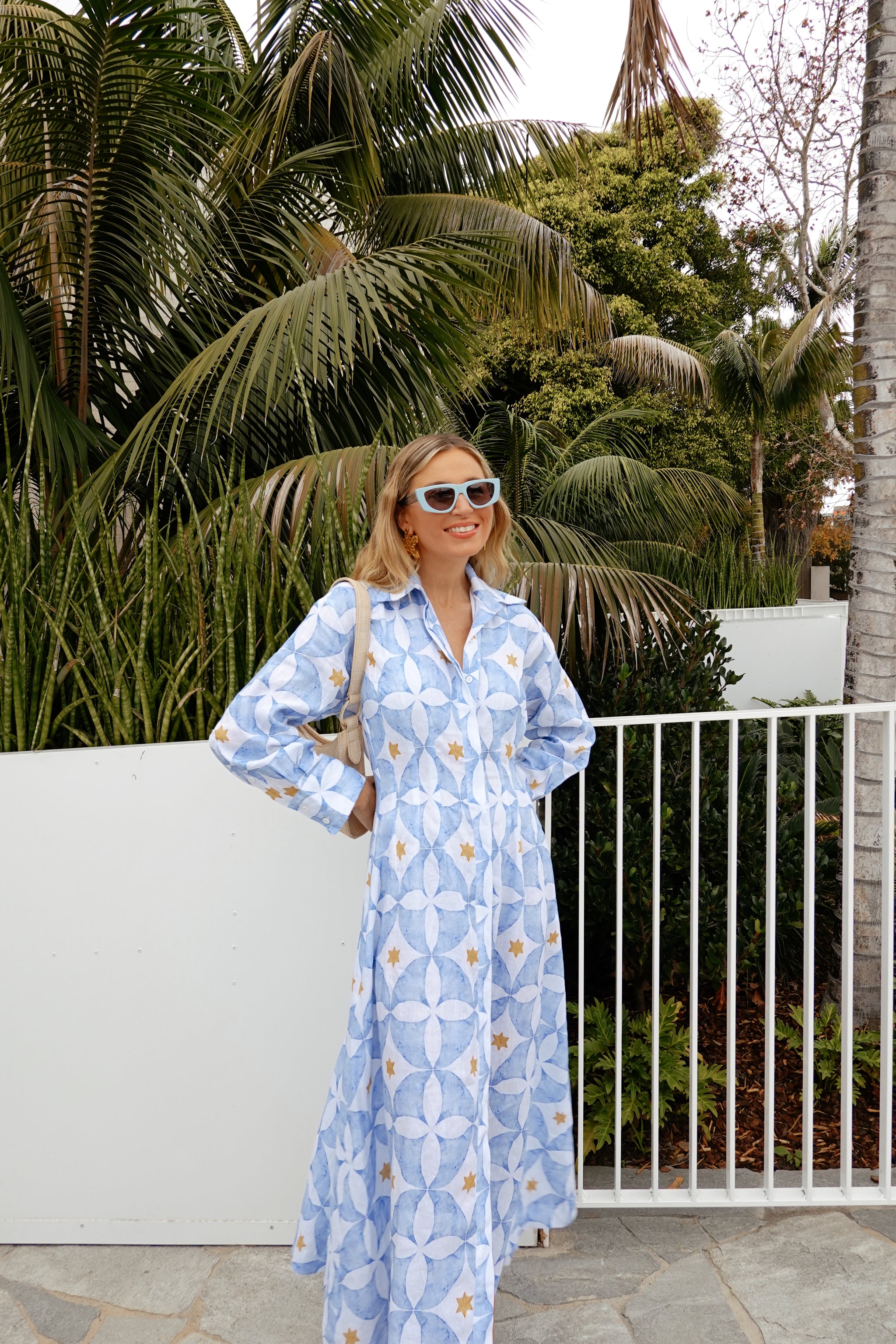 Emma Collared Shirt Dress - Azure Printed Linen Maxi dress – LJC DESIGNS